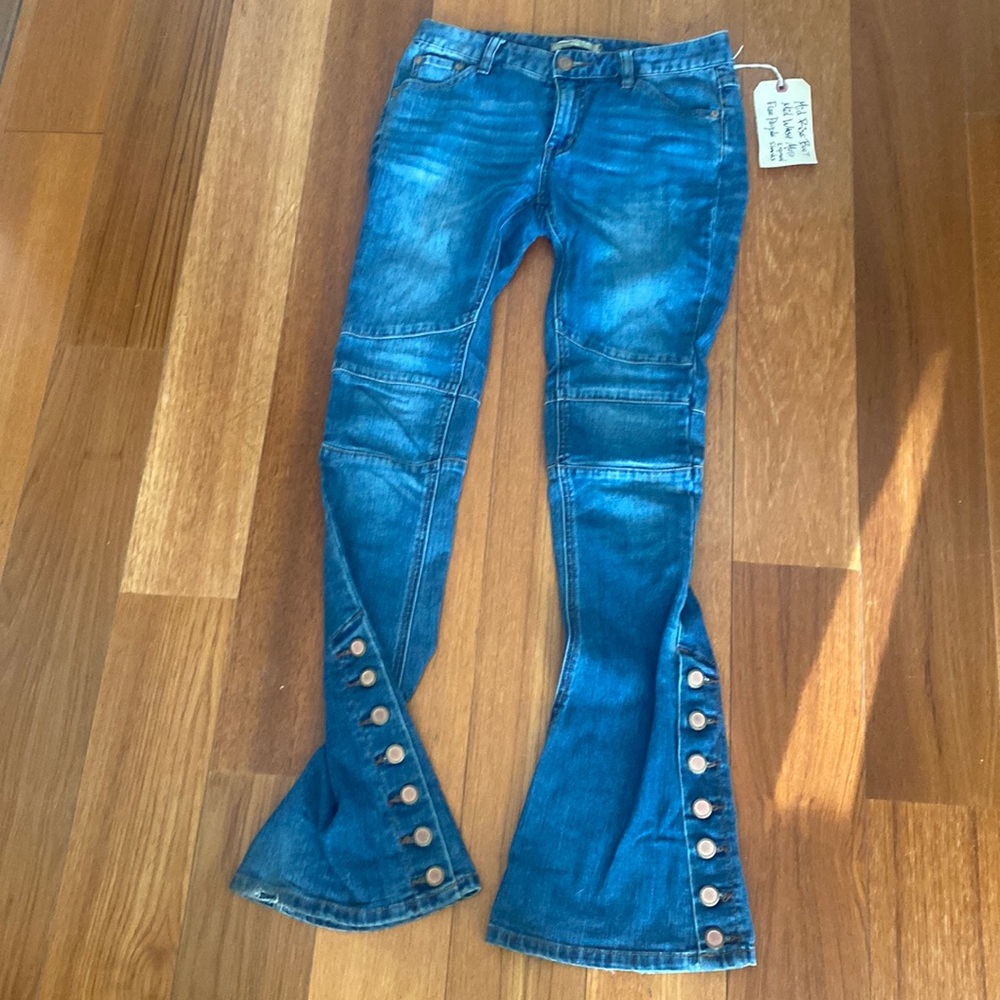 Free People 70’s Flare Wide Leg Button Hem Jeans - Gem